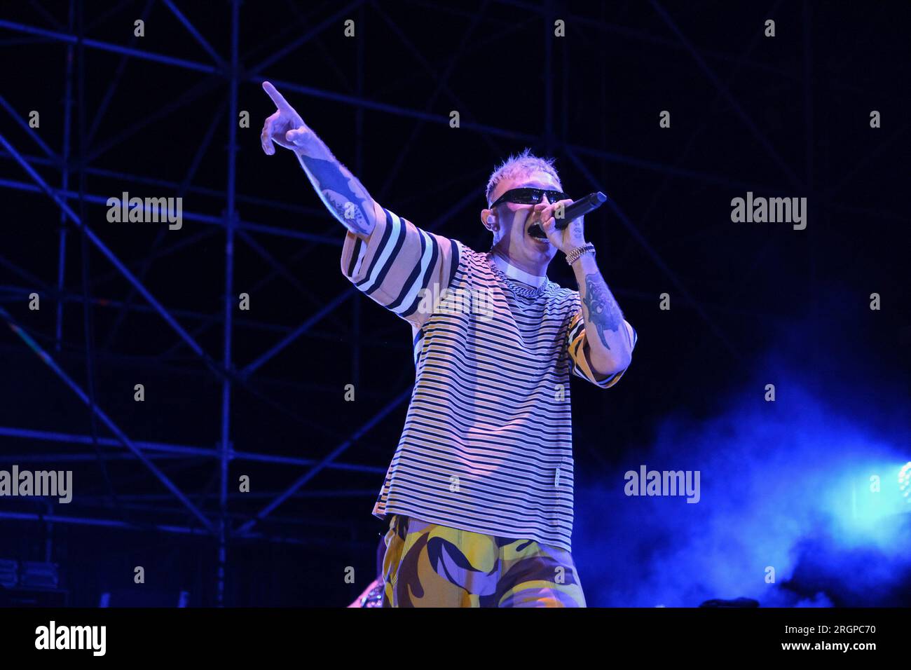 Italian rapper Jacopo Lazzarini, aka Lazza performs on stage during the ...