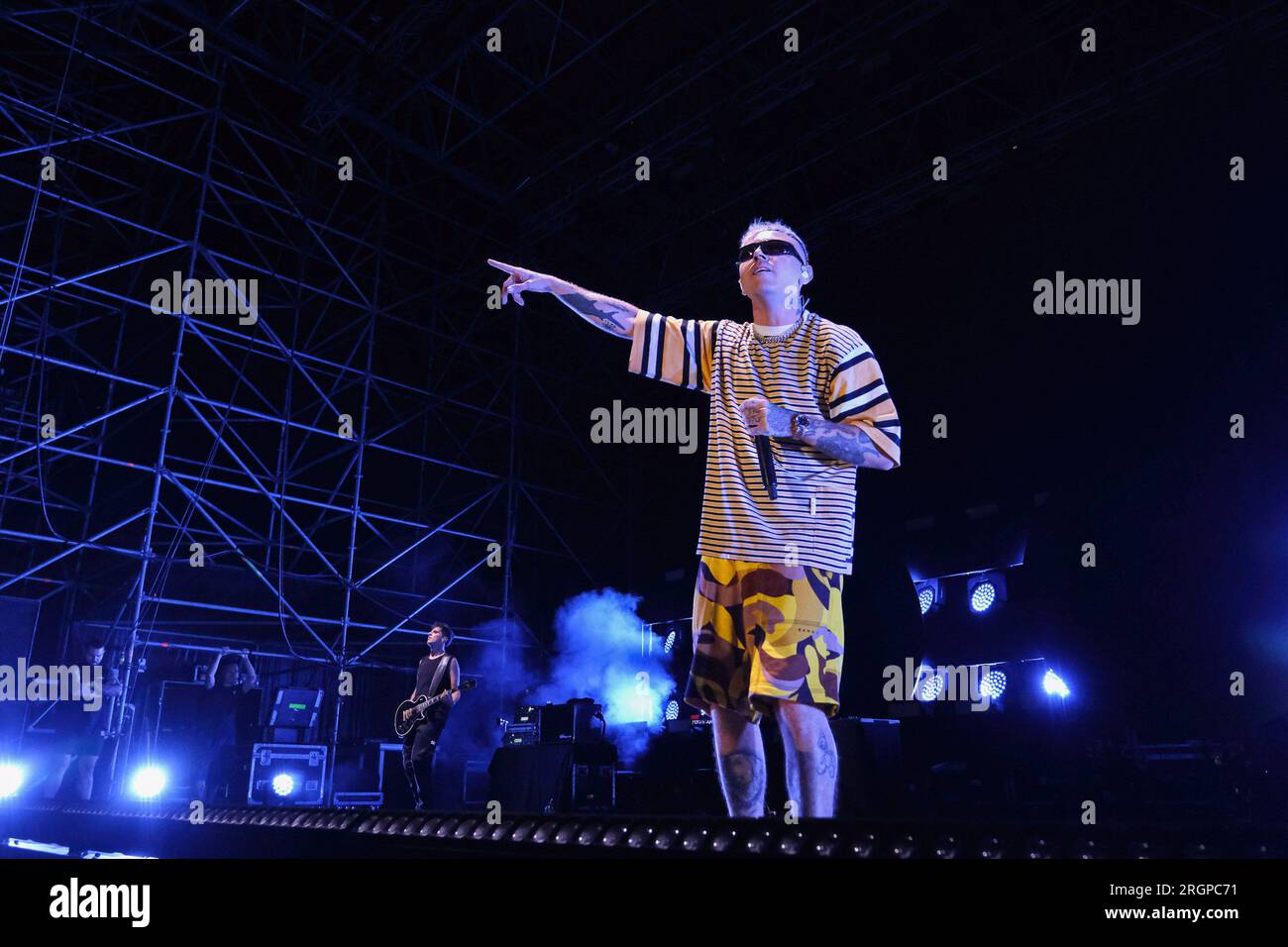 Italian rapper Jacopo Lazzarini, aka Lazza performs on stage during the ...