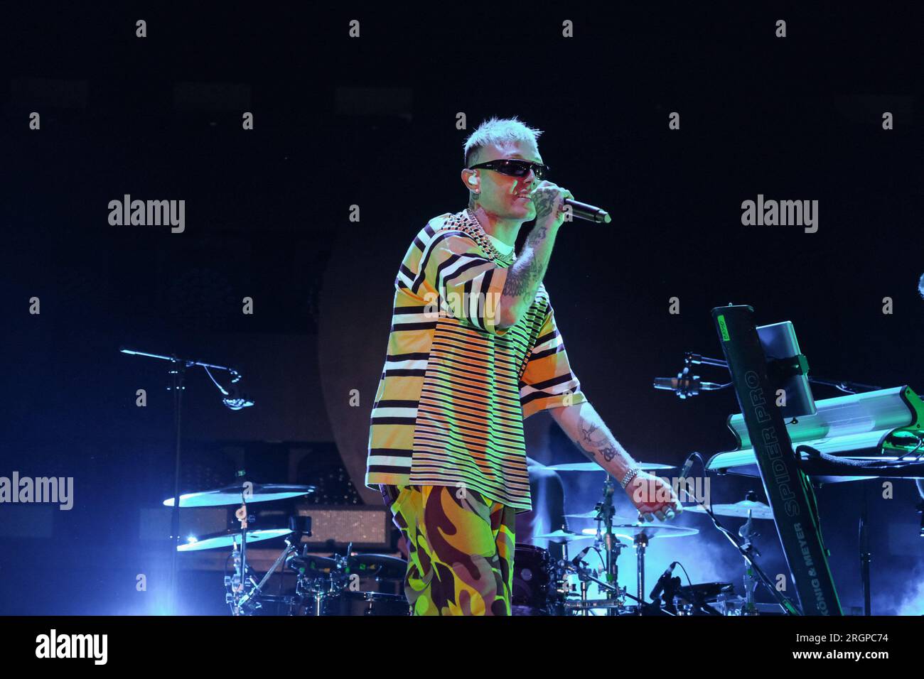 Italian rapper Jacopo Lazzarini, aka Lazza performs on stage during the ...