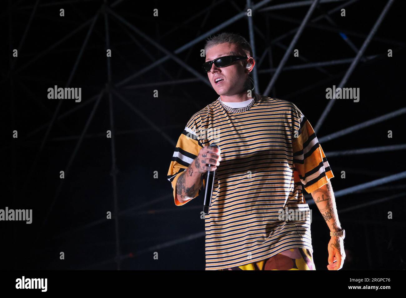 Italian rapper Jacopo Lazzarini, aka Lazza performs on stage during the ...