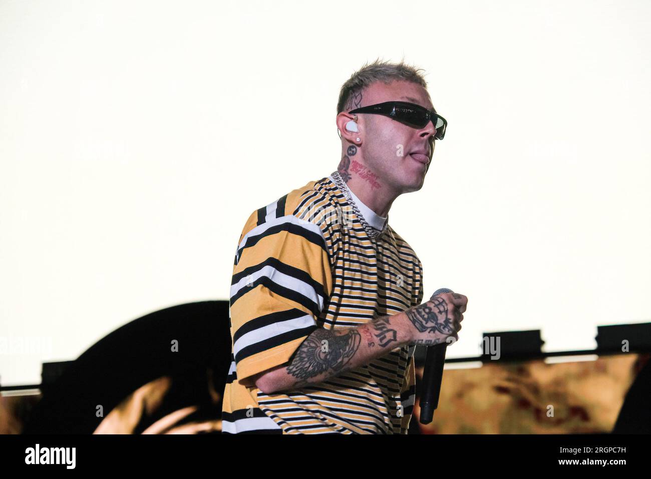 Italian rapper Jacopo Lazzarini, aka Lazza performs on stage during the ...