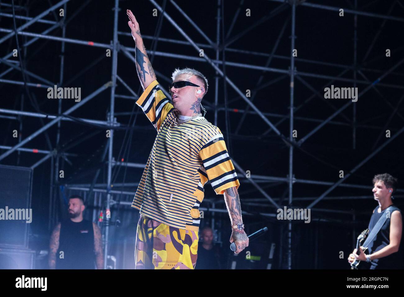 Italian rapper Jacopo Lazzarini, aka Lazza performs on stage during the ...
