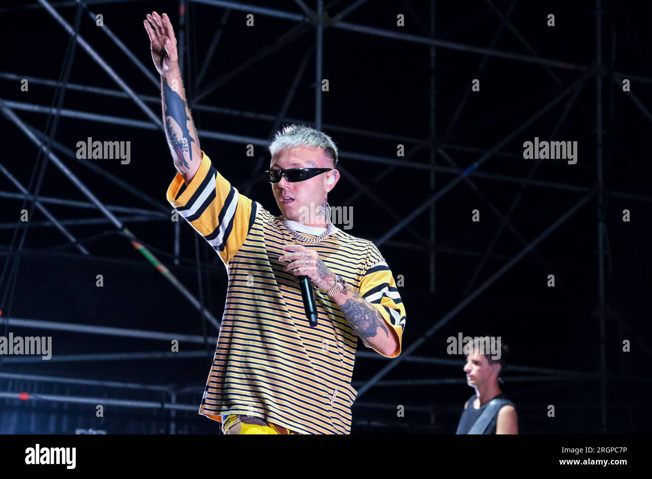 Italian rapper Jacopo Lazzarini, aka Lazza performs on stage during the ...