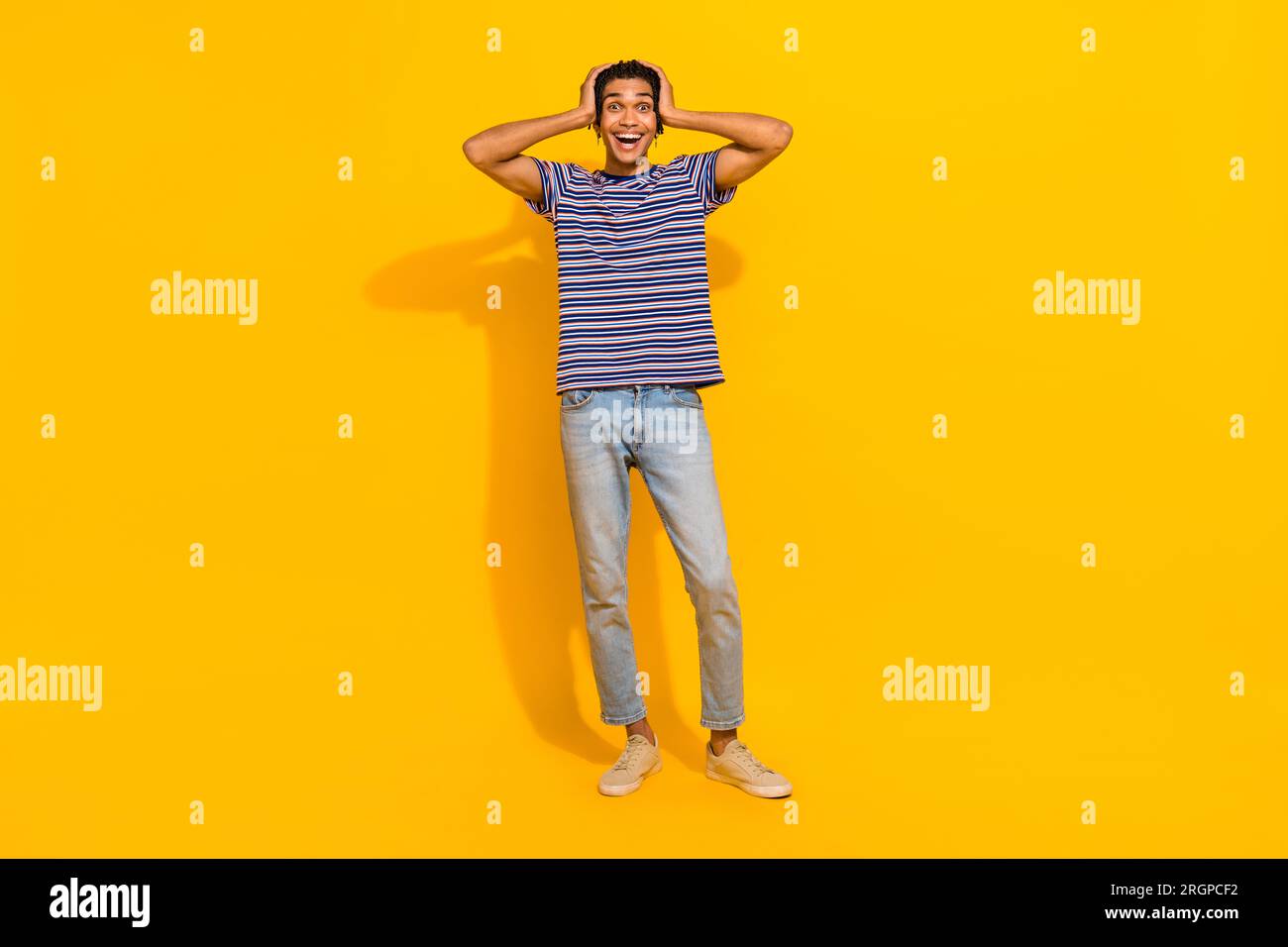 Full size photo of impressed speechless person arms touch head open ...