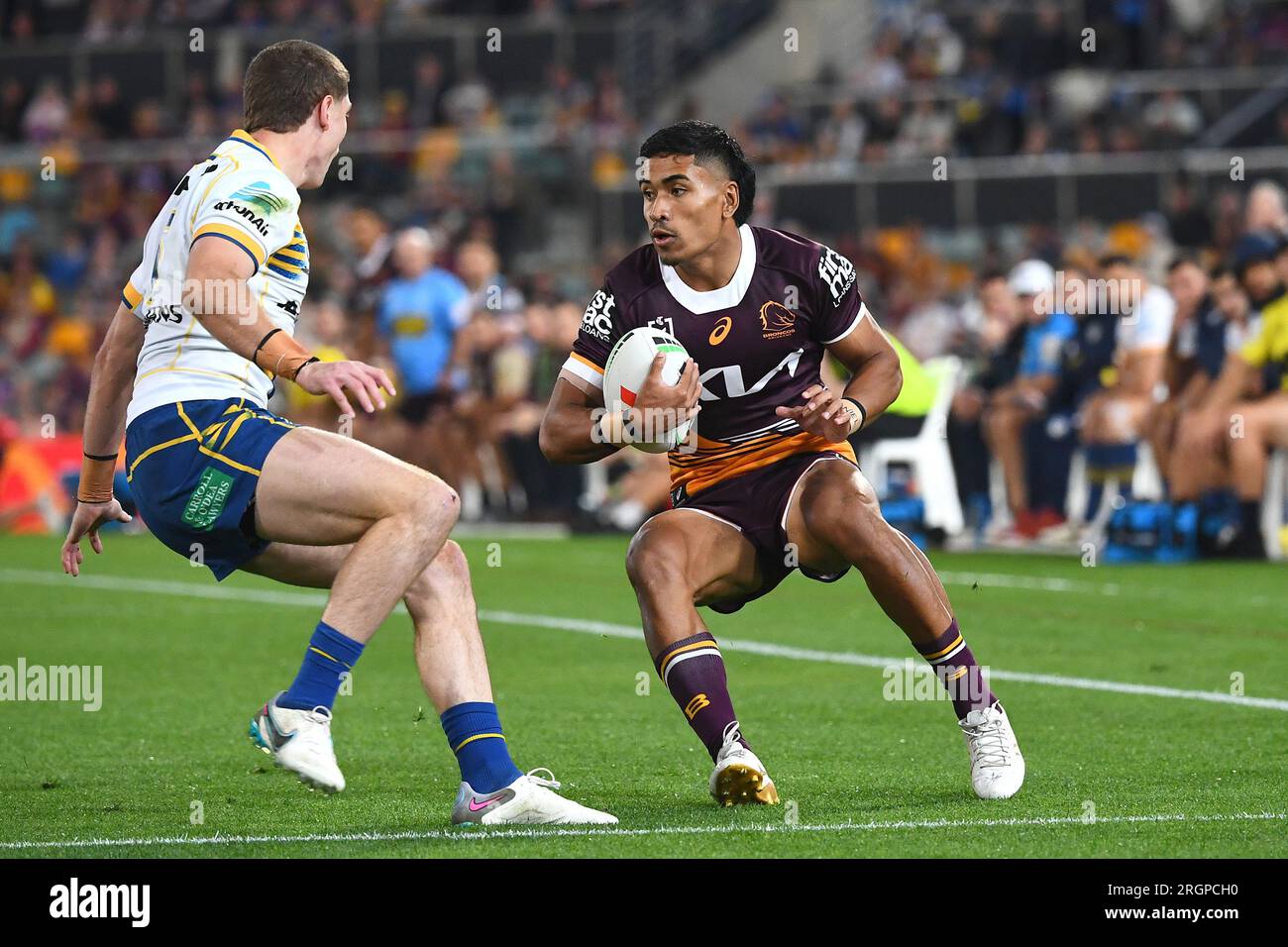 Brisbane, Australia. 11th Aug, 2023. Deine Mariner of the Broncos makes ...