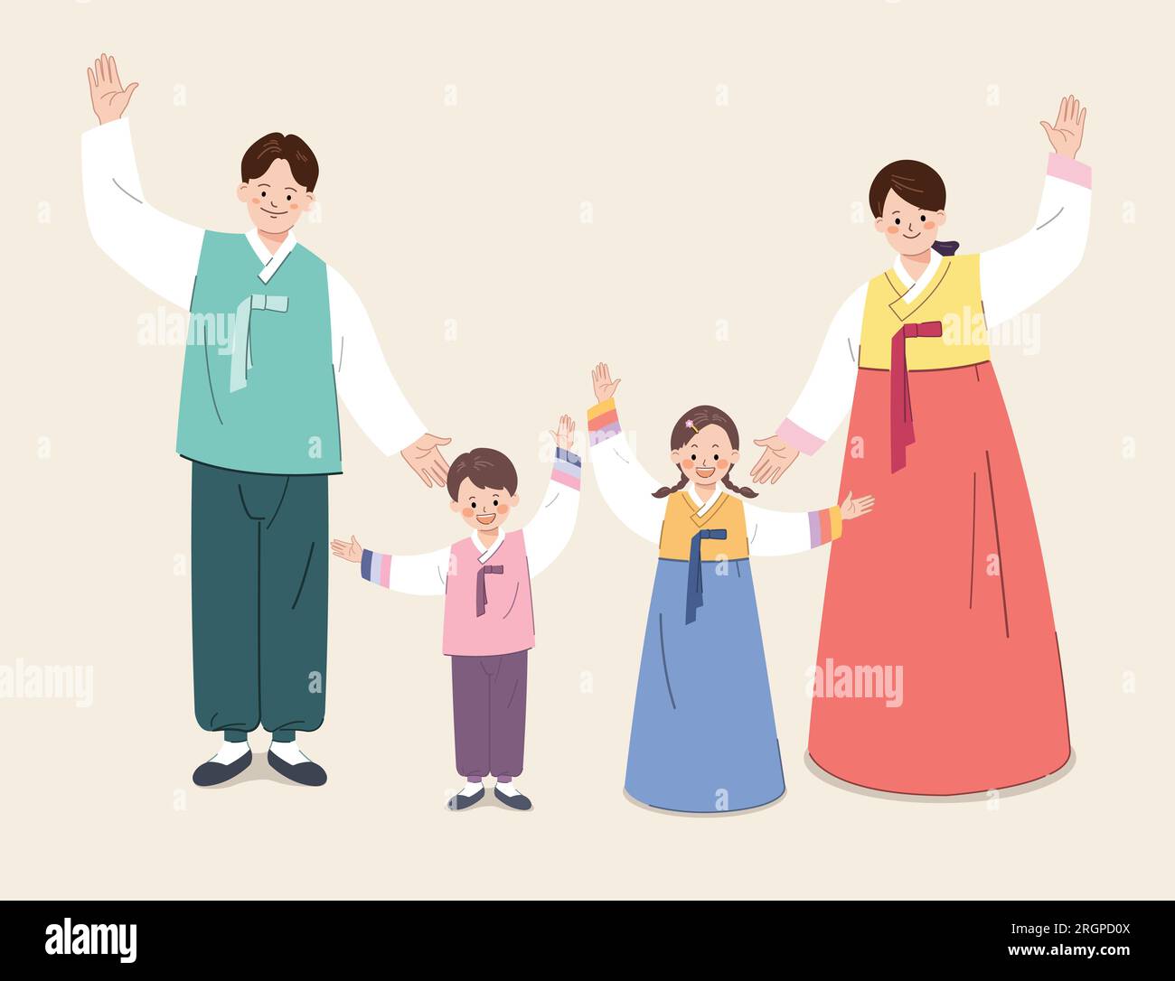 Korean family wearing traditional hanbok and raising one hand Stock ...