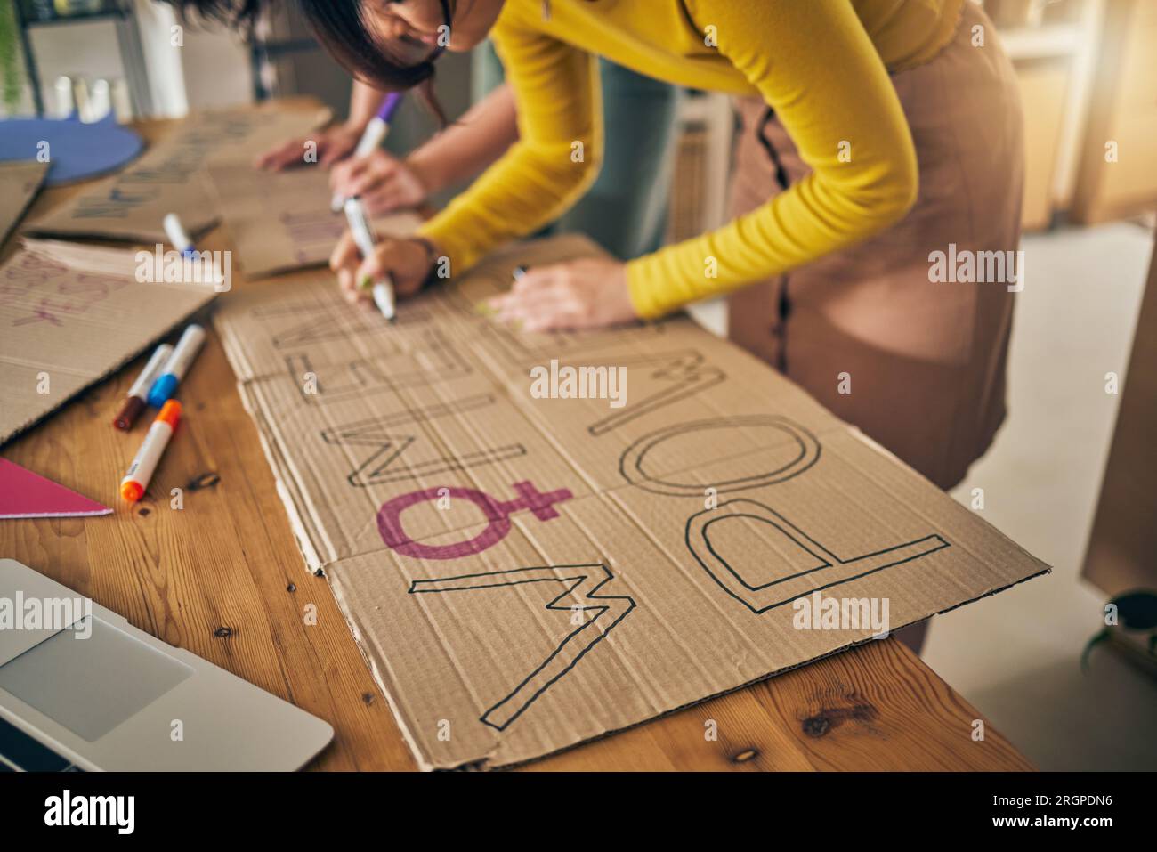 Women group, poster and writing for protest, hands and support for ...