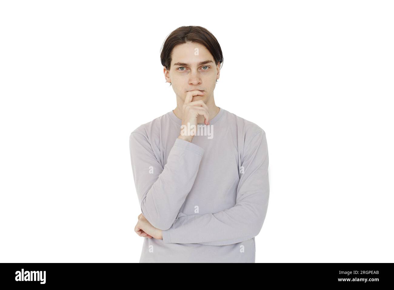 Happy man thinking isolated on white background. Idea and solve a ...