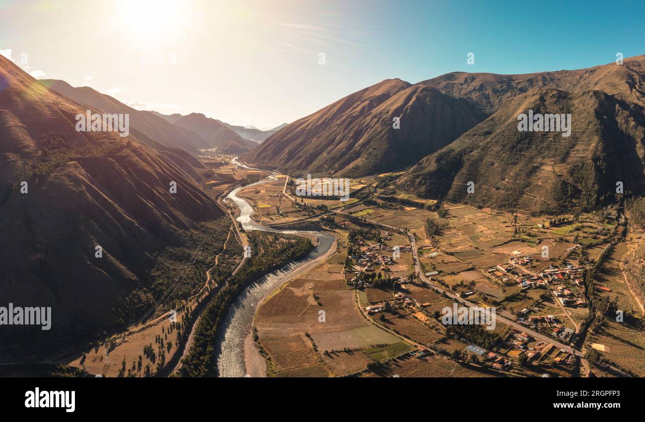 Aerial Landscape panoramic view to Urubamba river and sacred valley ...