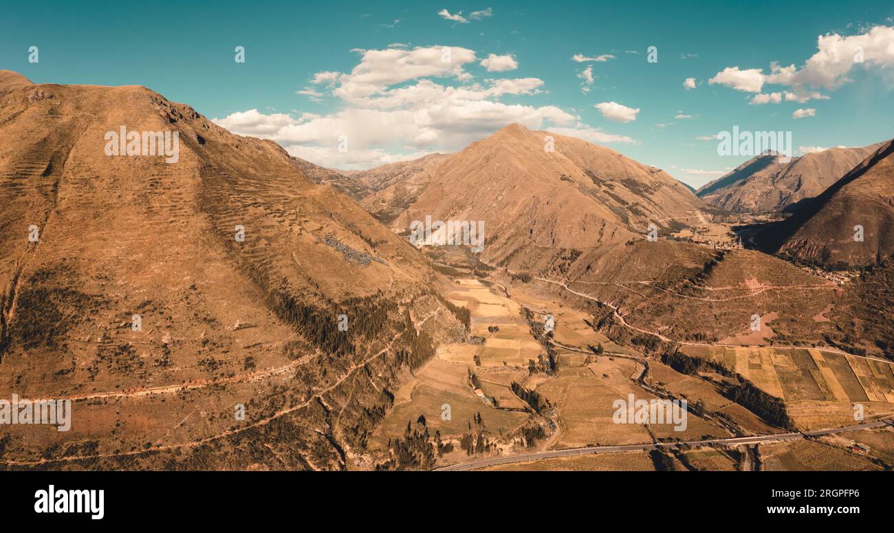 Aerial Landscape panoramic view to Urubamba river and sacred valley ...