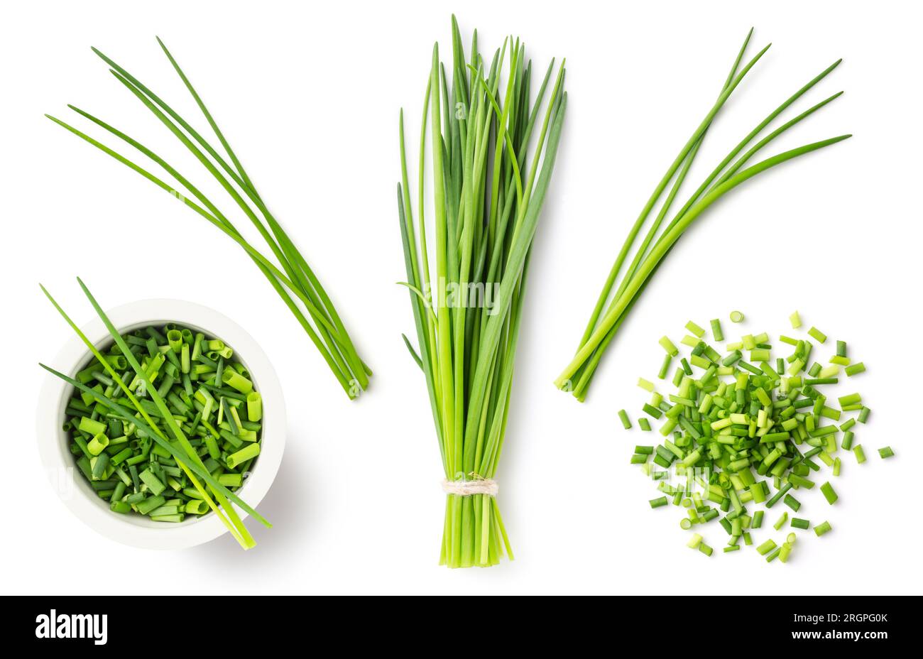 fresh green herbs: chives in a bunch, blades, chopped loose pieces, in ...