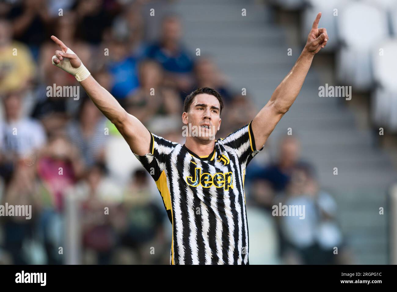 Dusan Vlahovic of Juventus FC celebrates after scoring the opening goal ...