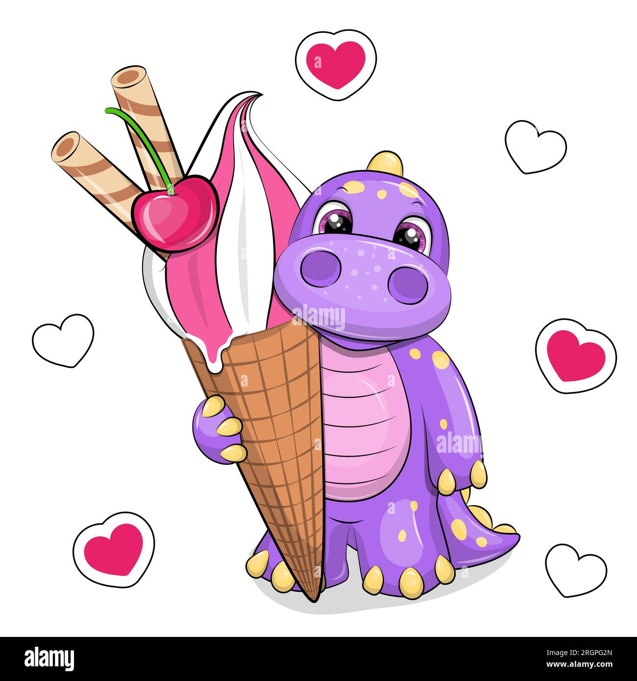 Cute cartoon dinosaur with big ice cream. Summer animal vector ...