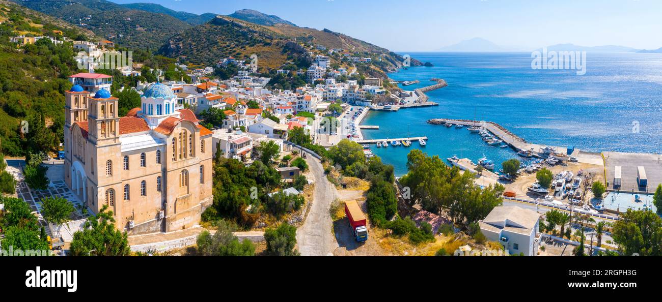 Agios Kirikos village is the capital of Ikaria island, Greece Stock ...