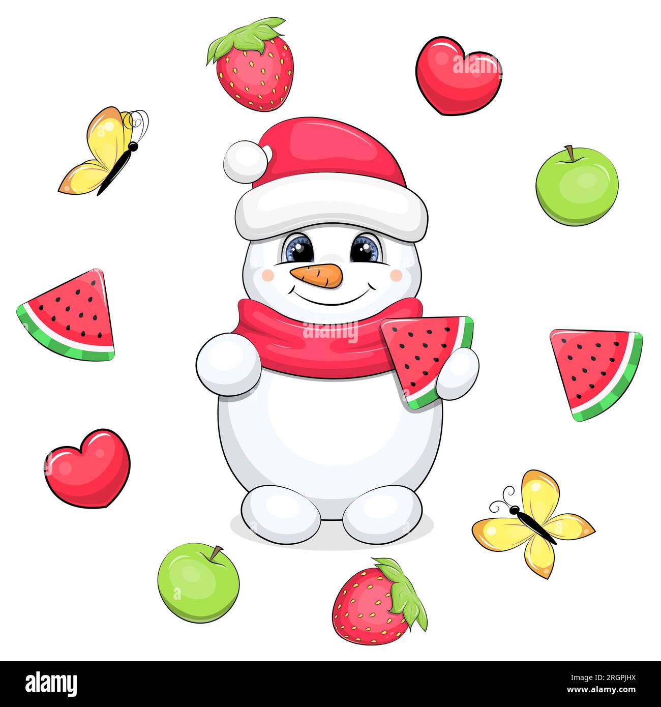 Cute cartoon snowman with watermelon in fruit frame. Vector ...