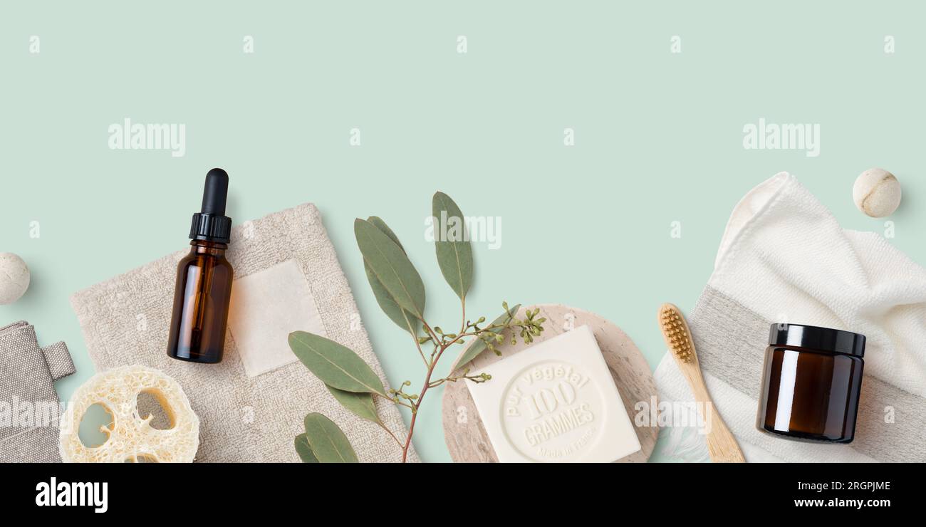 banner / header with natural cosmetics, ingredients and bathroom or spa ...