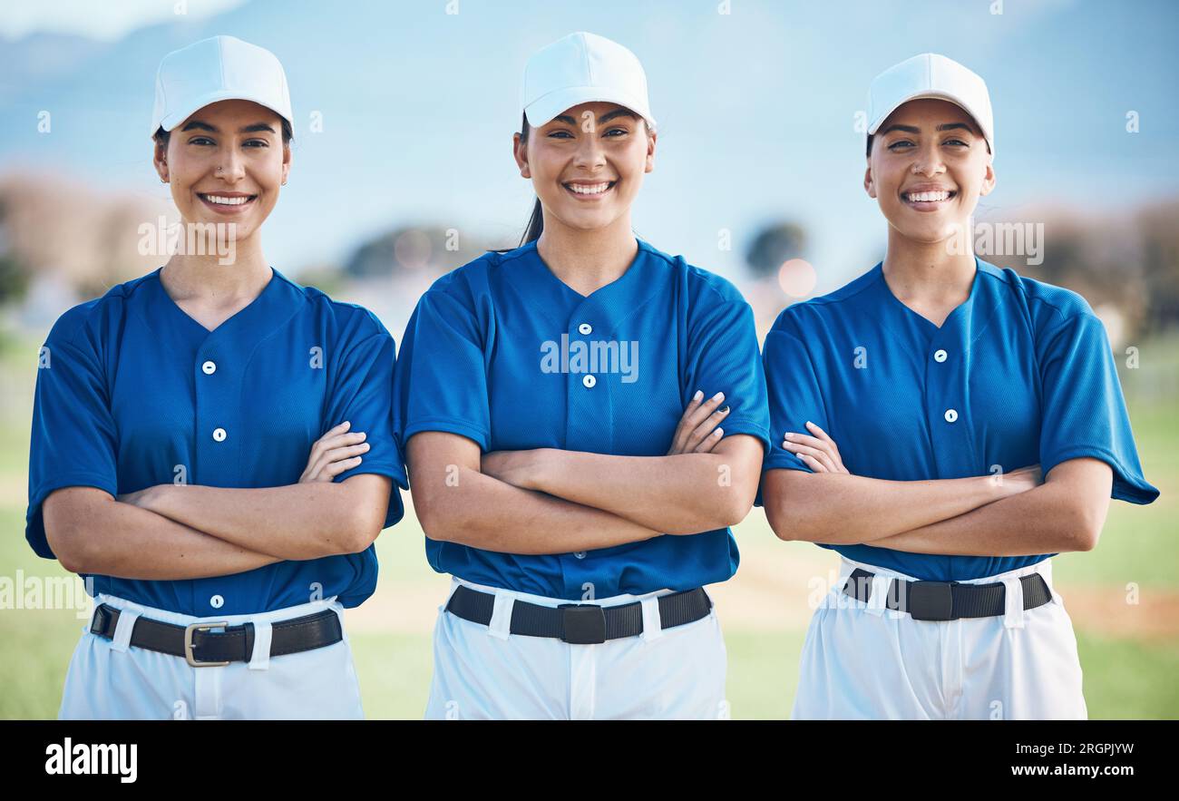 Softball, portrait and women team smile or ready for outdoor sports ...