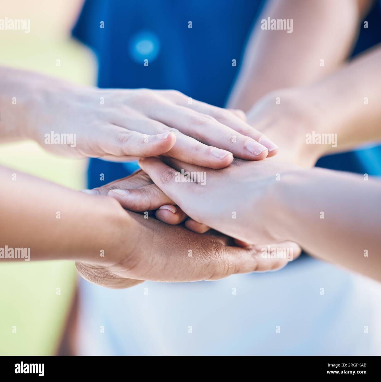 Sports, hands stack and together for baseball team building, match ...