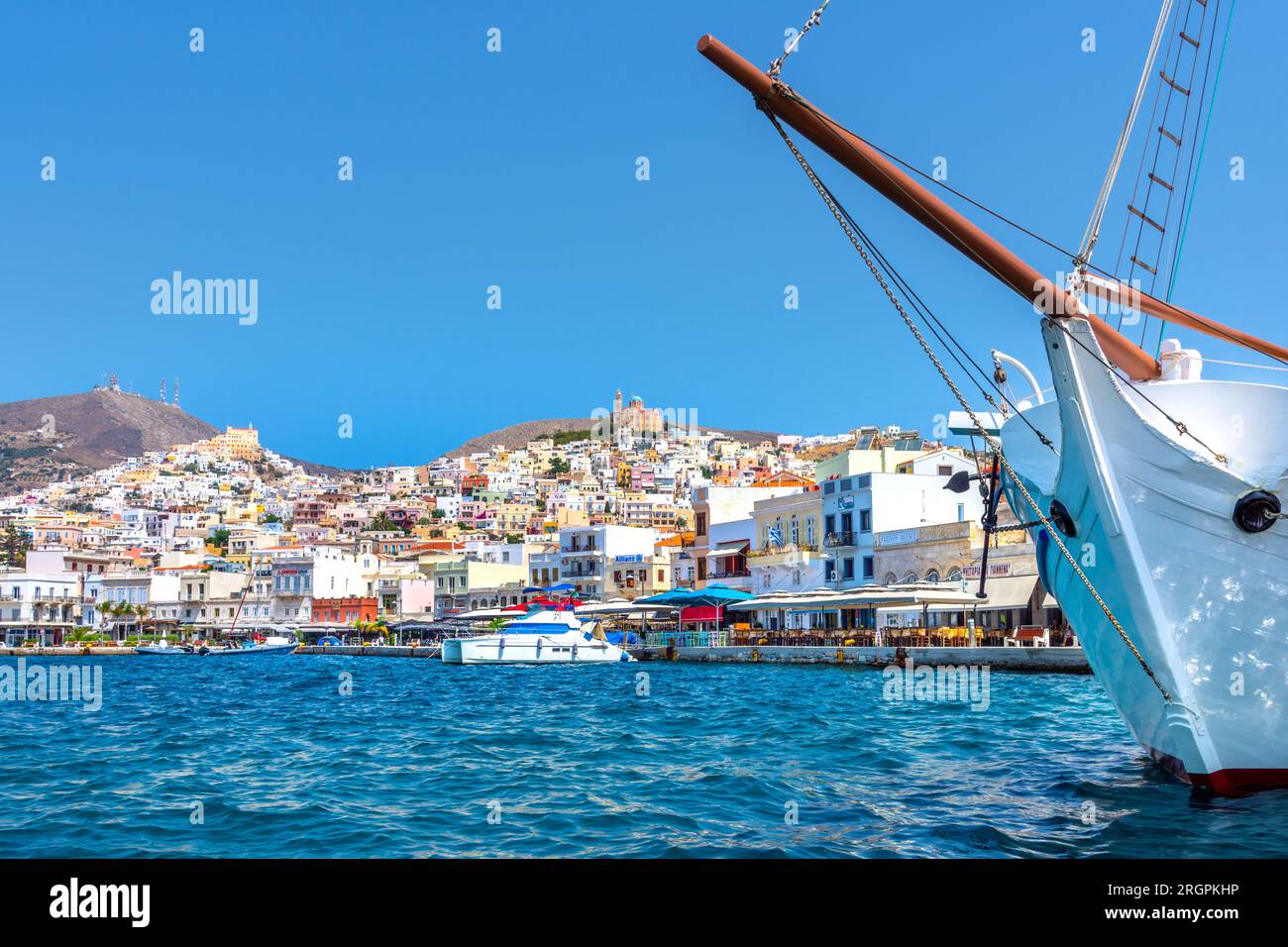 Panoramic view of Ermoupoli and Ano Syra towns in Syros island ...