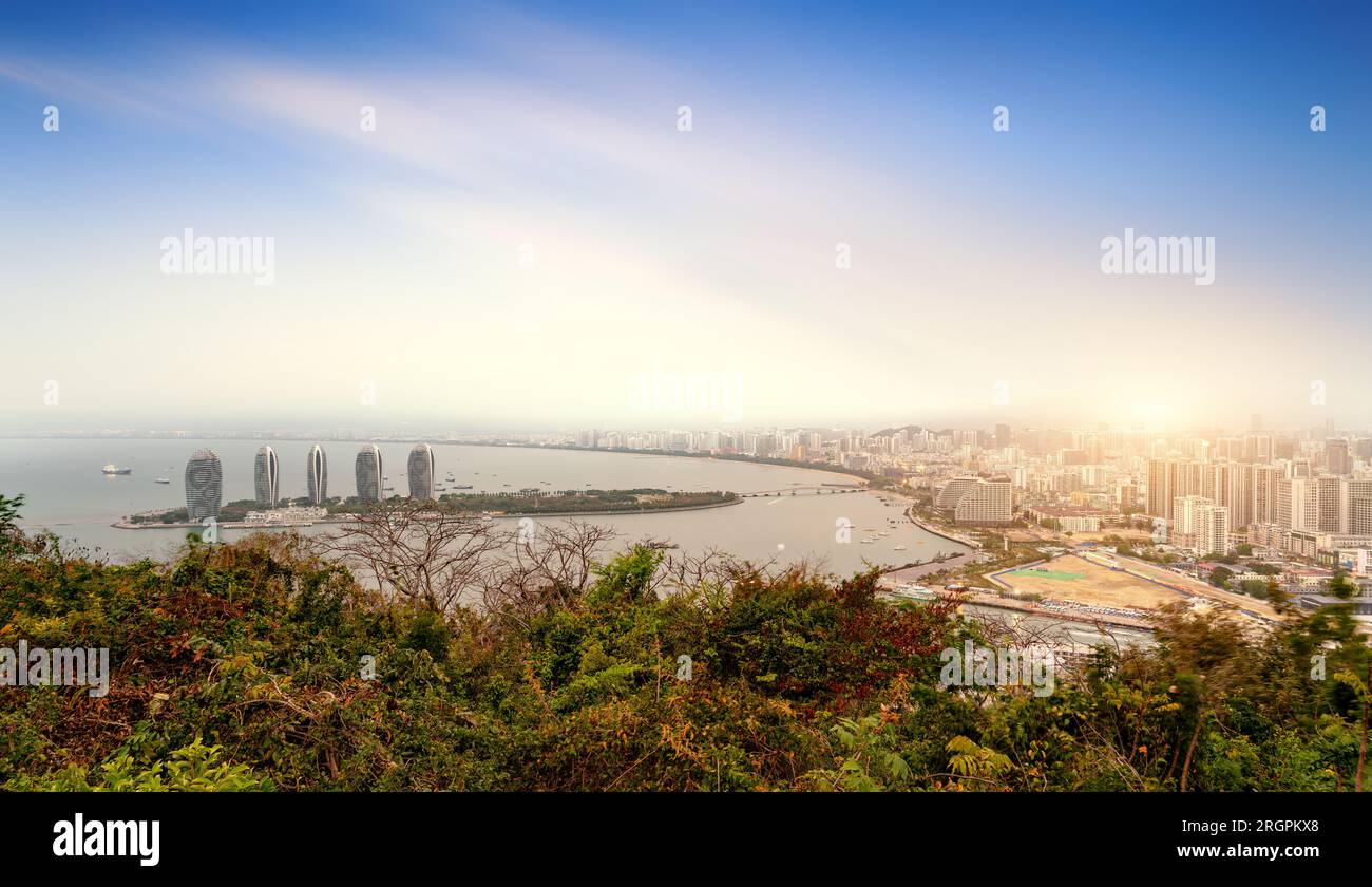 Aerial view of the coastal city of Sanya on China's Hainan Island Stock ...