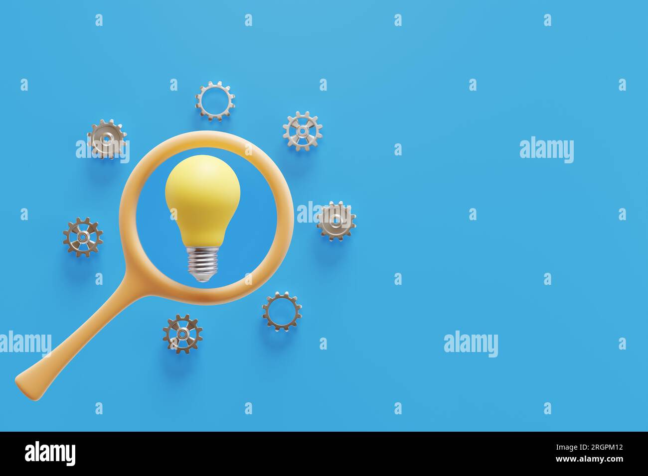 A light bulb behind a magnifying glass surrounded by gears. 3d ...