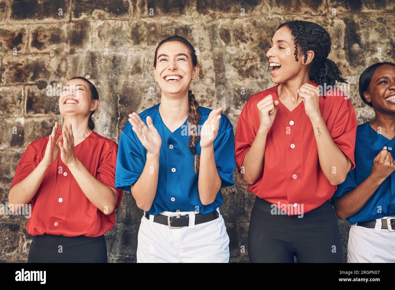 Happy woman, baseball and team in applause, celebration or winning ...