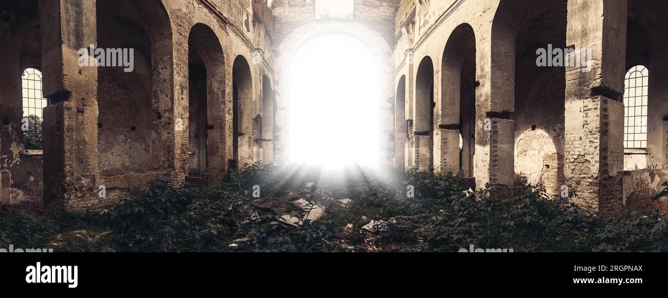 The light in the door of the old temple. Religious image, death ...