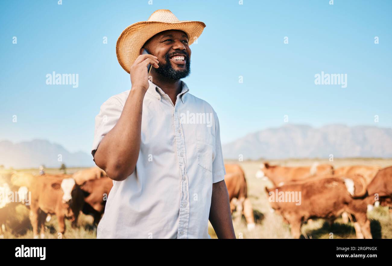 Happy black man, phone call and animals in countryside for farming ...