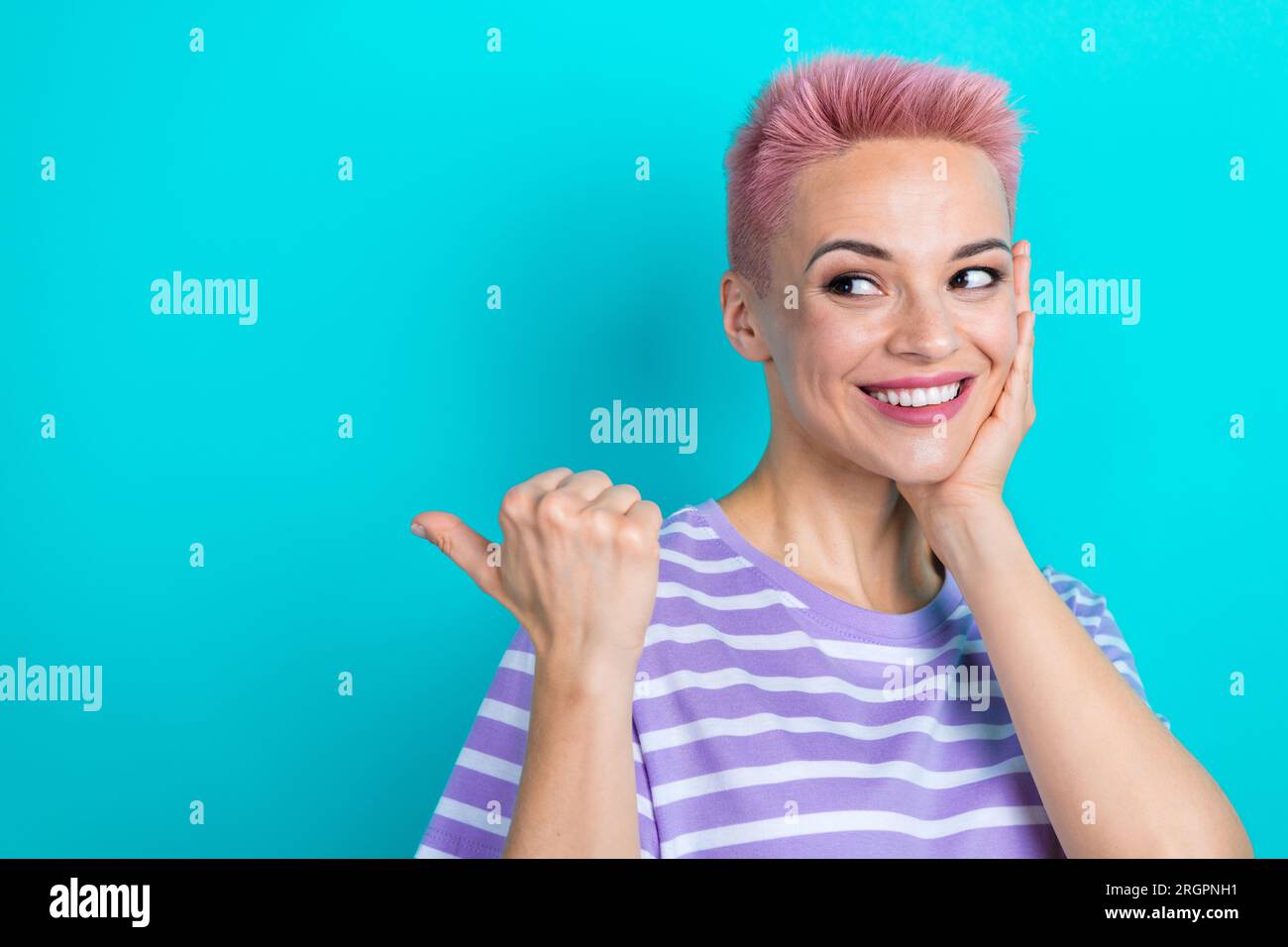 Portrait of lovely positive girl hand touch cheek beaming smile look ...