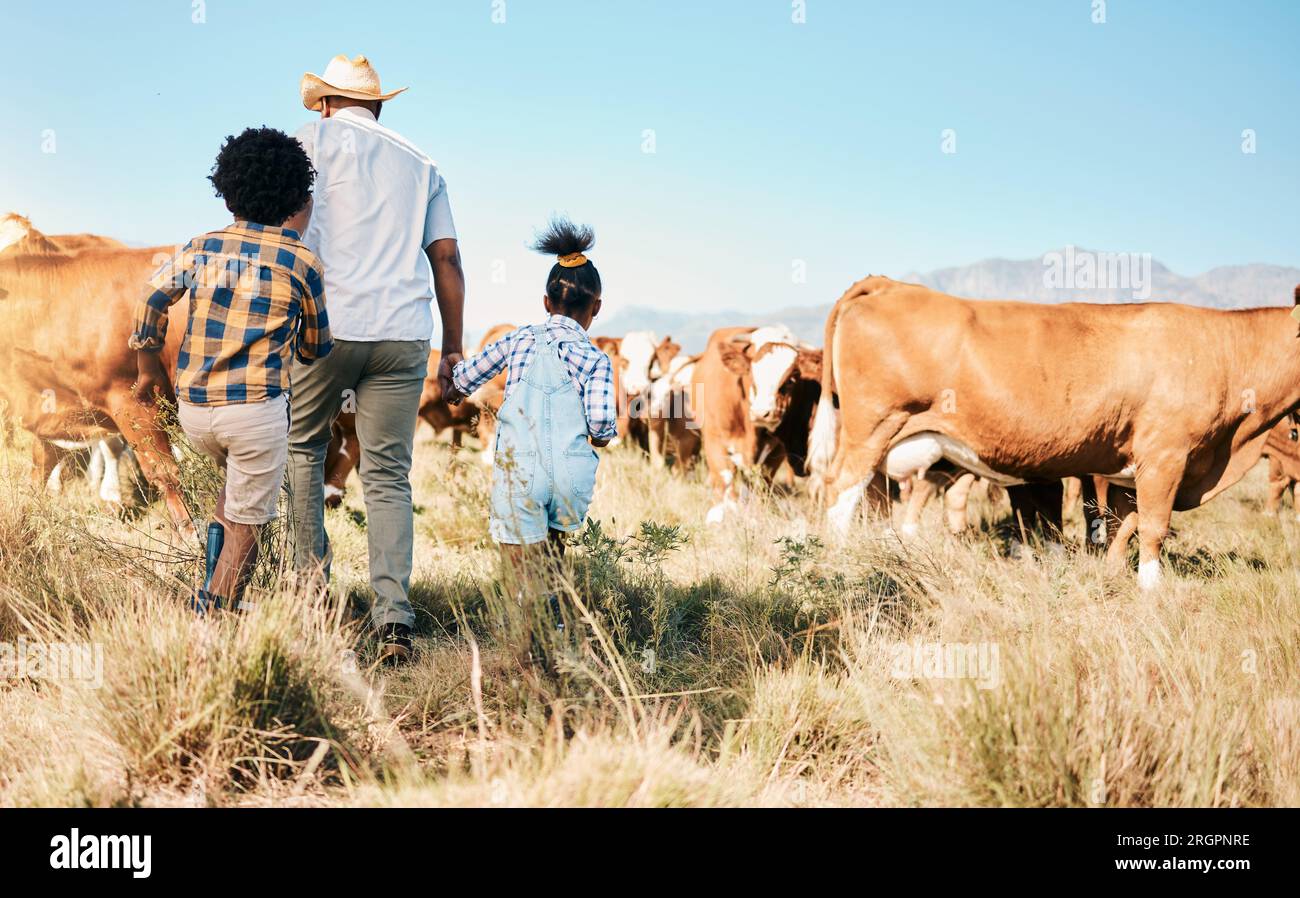Farm, family and cow, agriculture and livestock with man and kids ...