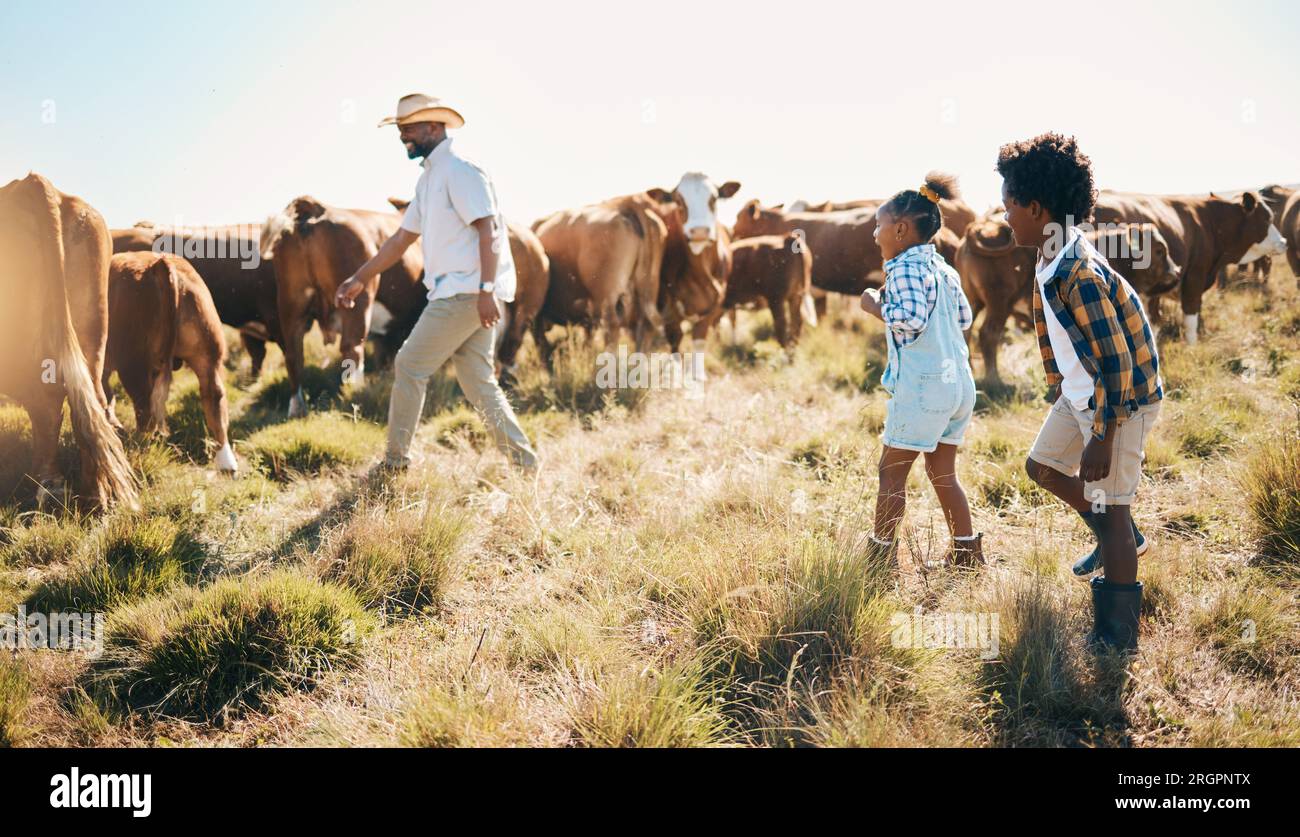 Farm, cows and father with children in countryside for ecology ...