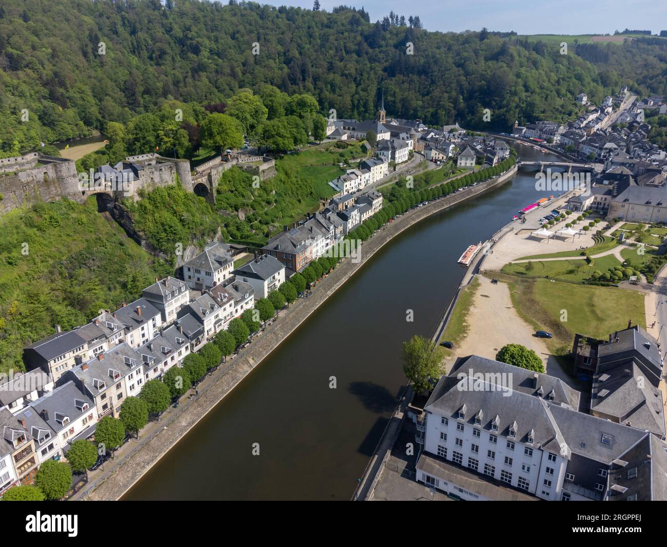 Aerial view on medieval town Bouillon with old fortified castle ...