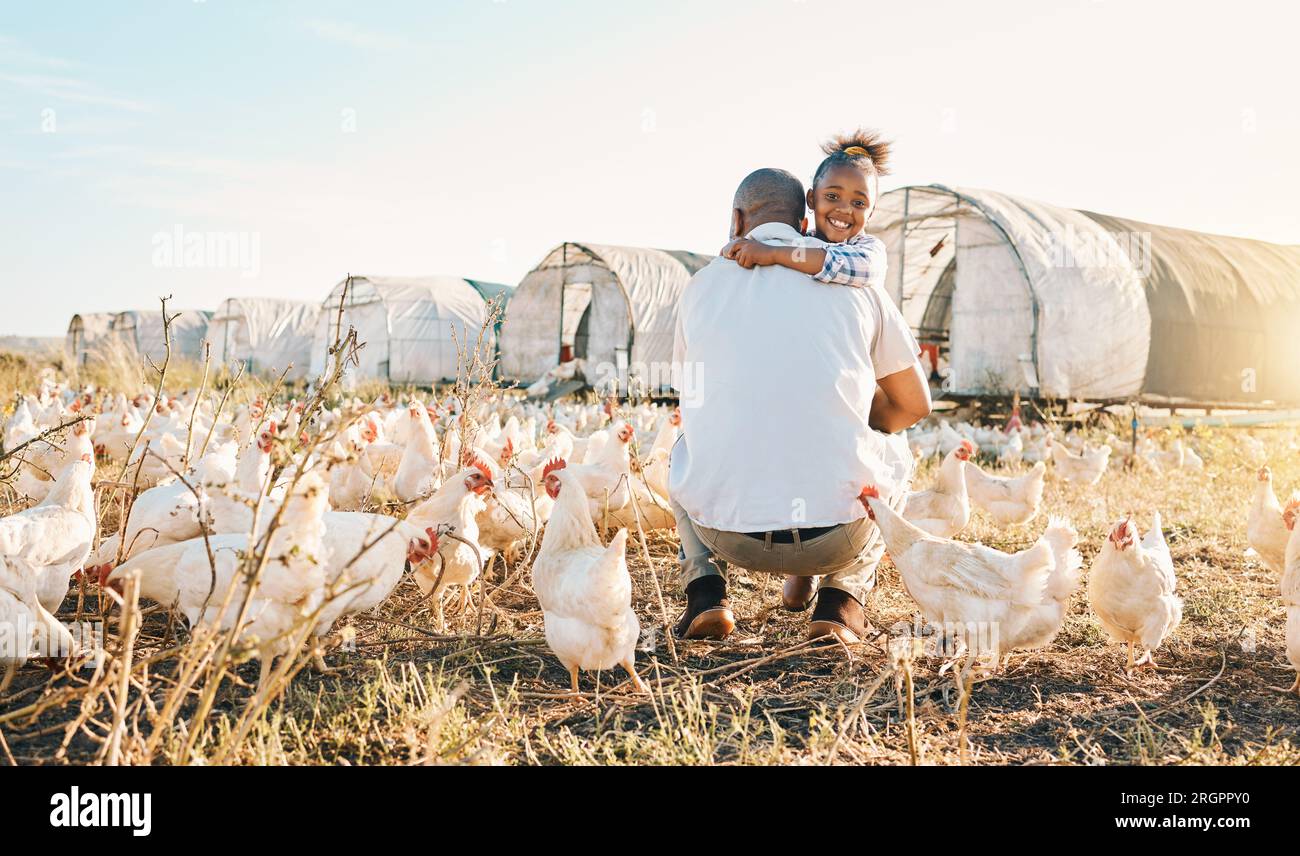 Chicken, farming and black family hug with birds outdoor for ...