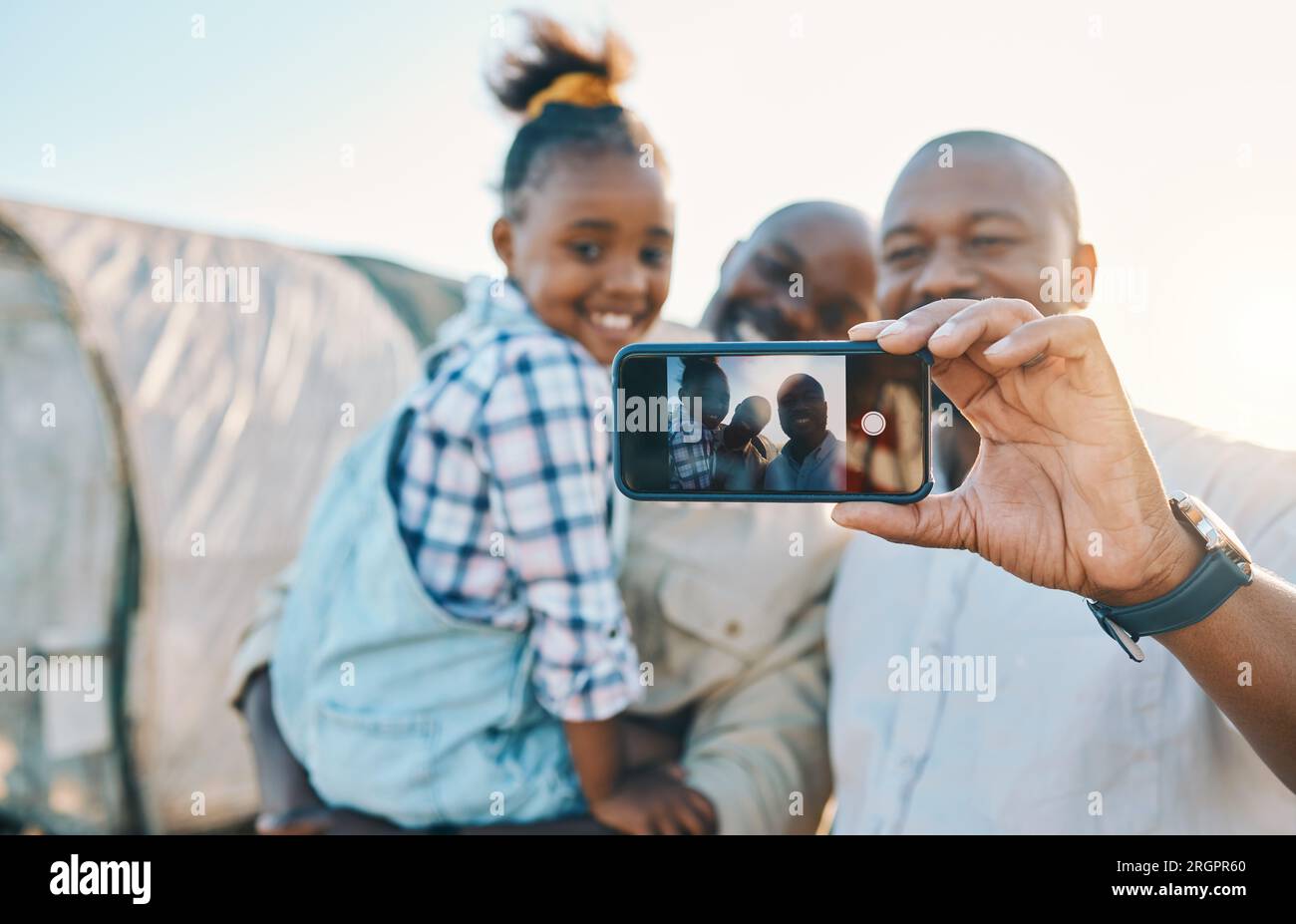 Farm, selfie and gay parents with girl in countryside for holiday ...