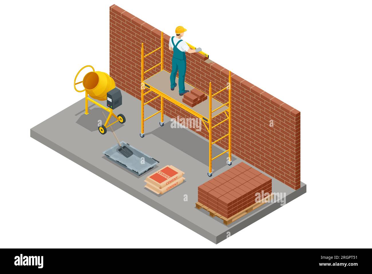 Isometric construction of a brick house. House under construction ...