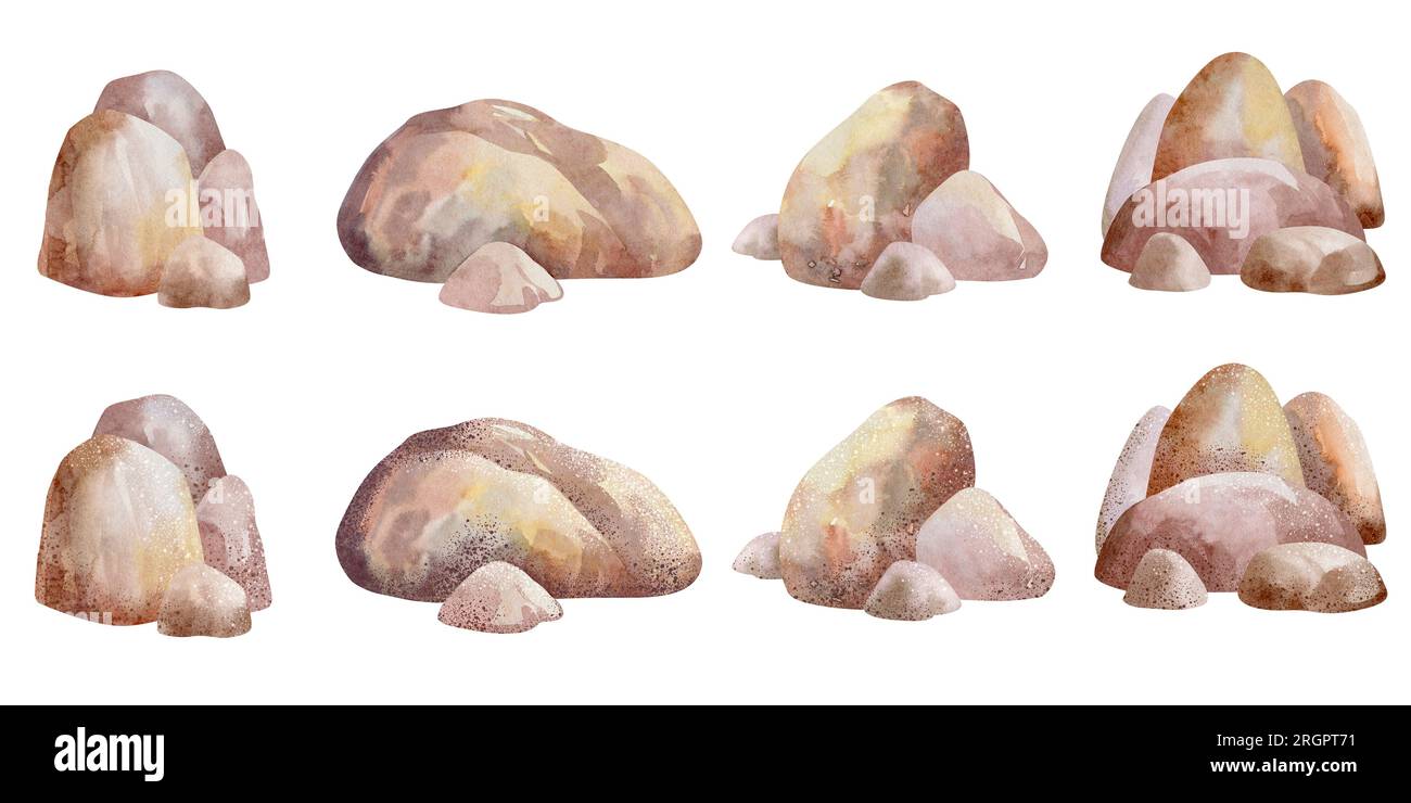 Watercolor set of geological stones, illustrations of stones isolated ...