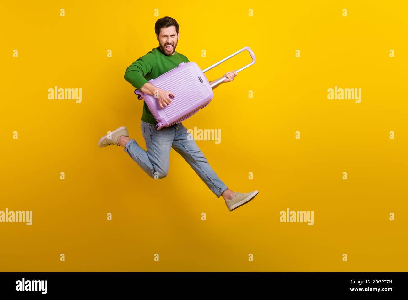 Full body length photo of crazy screaming young man guitarist holding ...