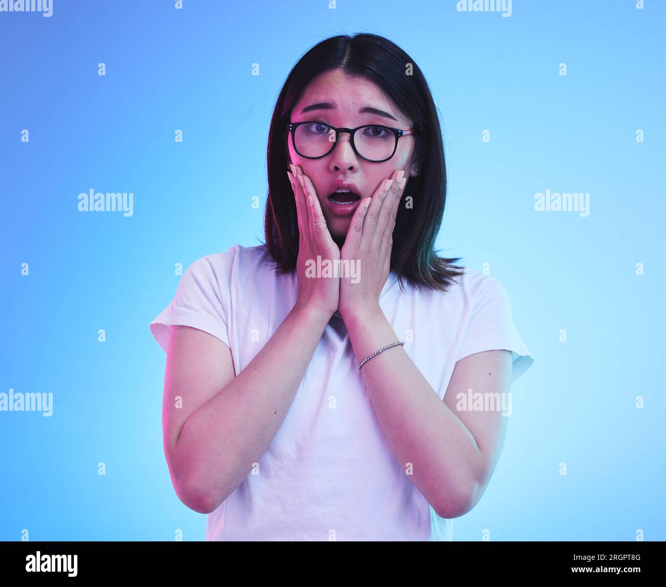 Surprise, drama and face of Asian woman with fear expression, shocked or open mouth for crisis ...