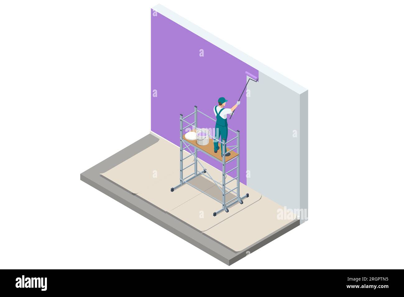 Isometric Worker painting the wall. Extensive scaffolding providing ...