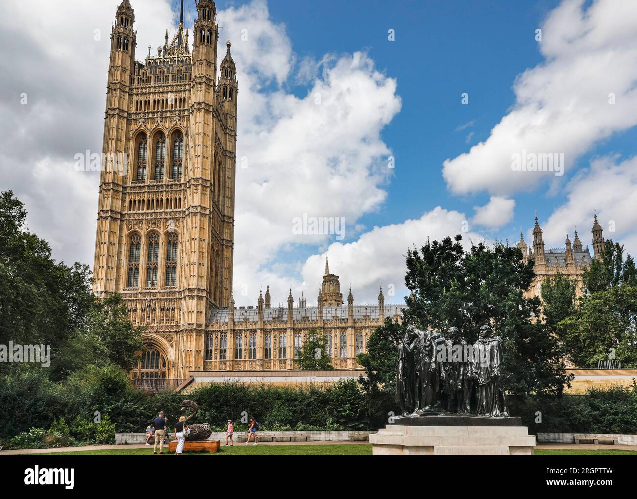 The Burghers of Calais, sculpture by Auguste Rodin with the Palace of Westminster, Victoria ...