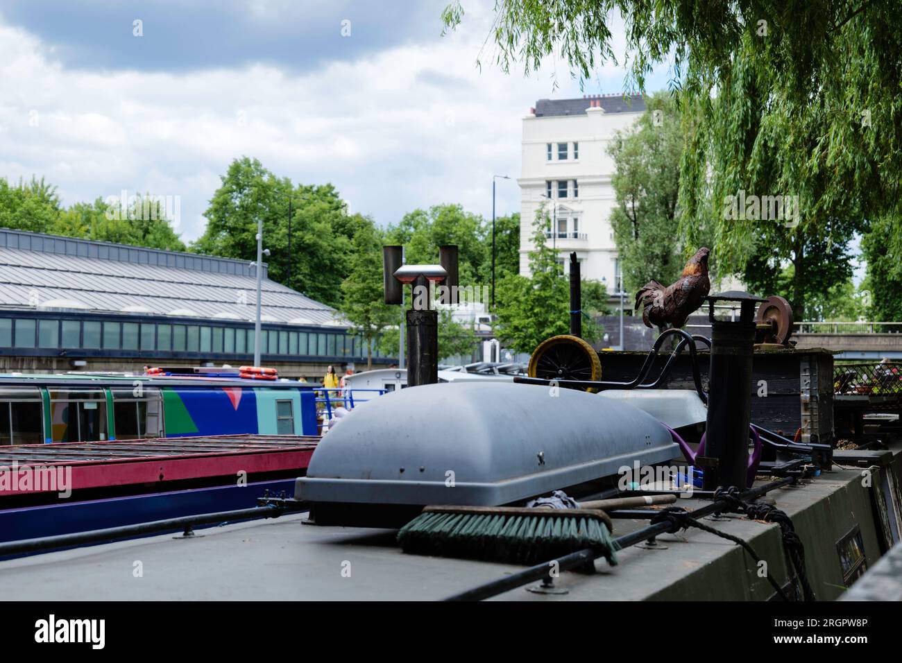 London - 05 29 2022: Roof detail of a houseboat moored near Stone Wharf ...