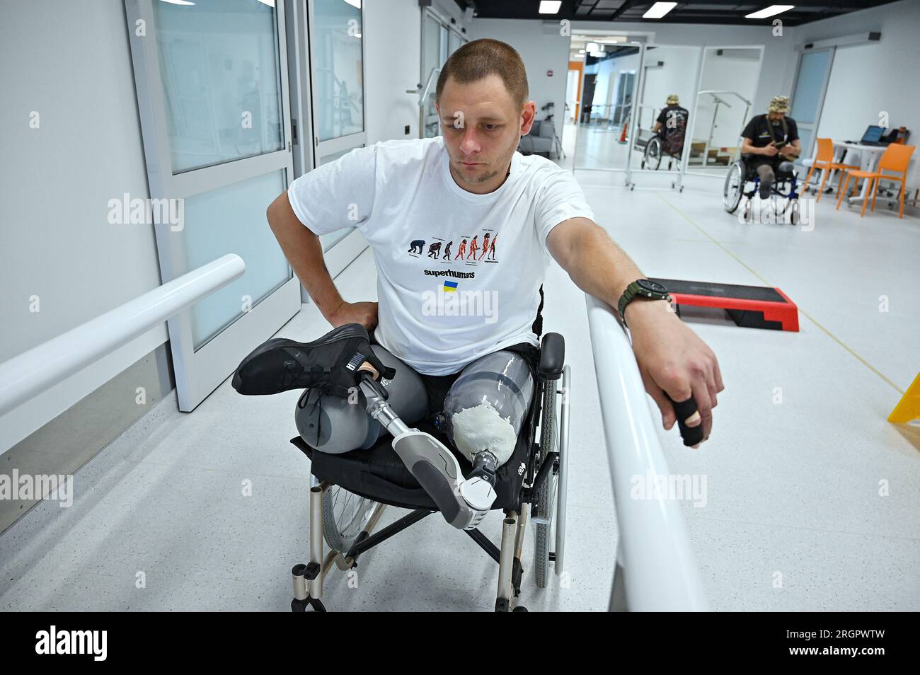 VYNNYKY, UKRAINE - AUGUST 9, 2023 - Patient Volodymyr exercises at the ...