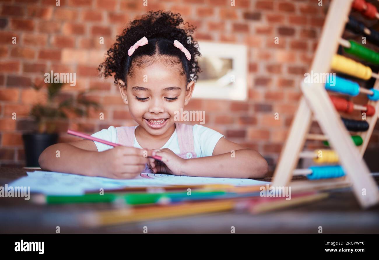 Homework, writing and child at home with smile, learning and happy for ...