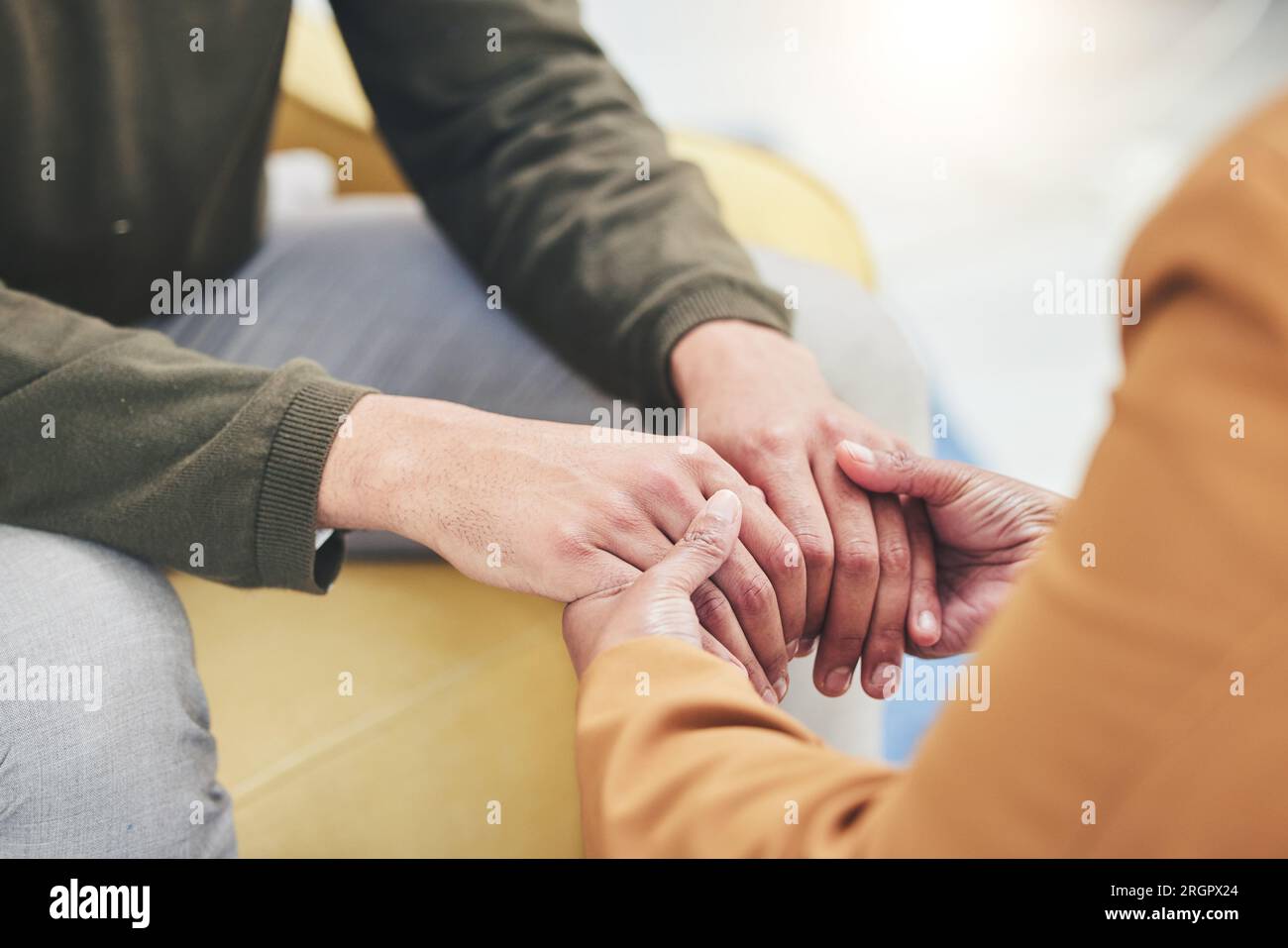 Mental health, support and patient holding hands with therapist in ...