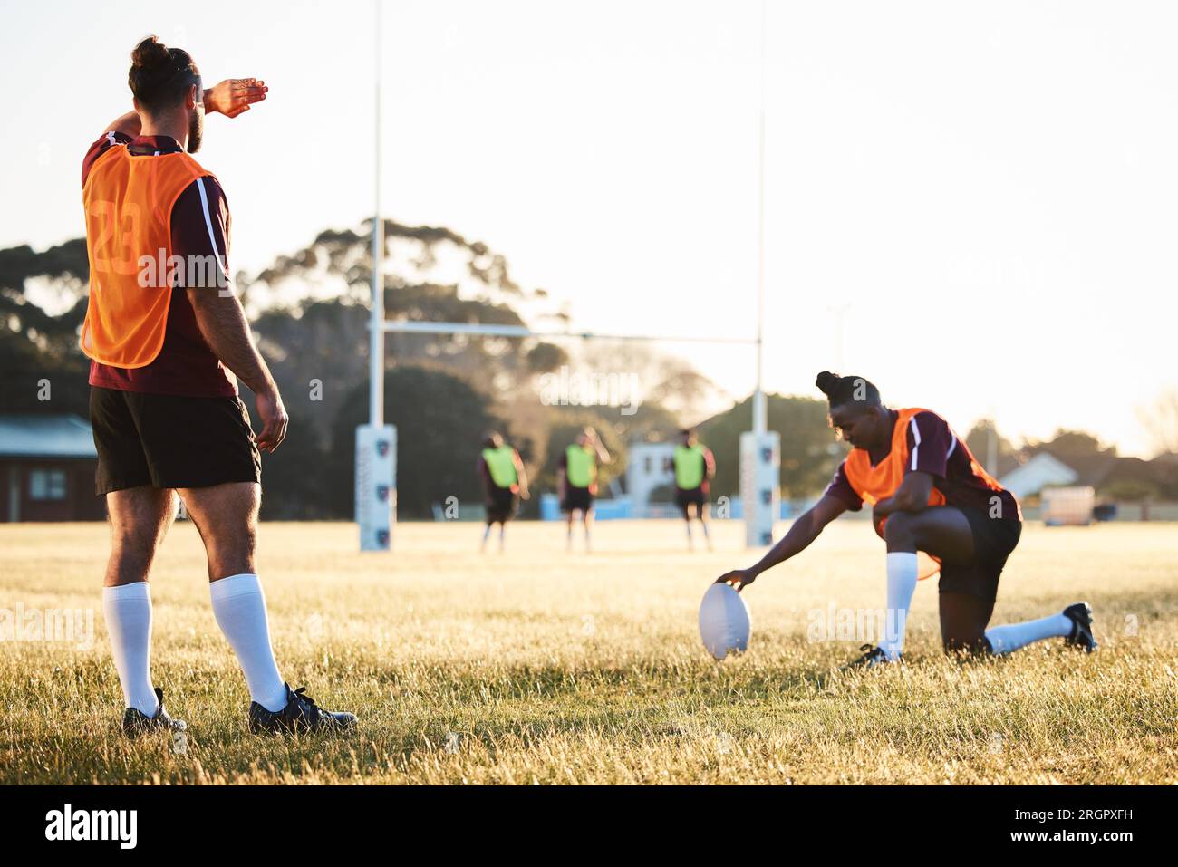 Rugby, sun and sport game with support, exercise and competition with ...