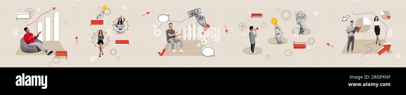 Creative multiple panorama pictures collage businesspeople invention ...