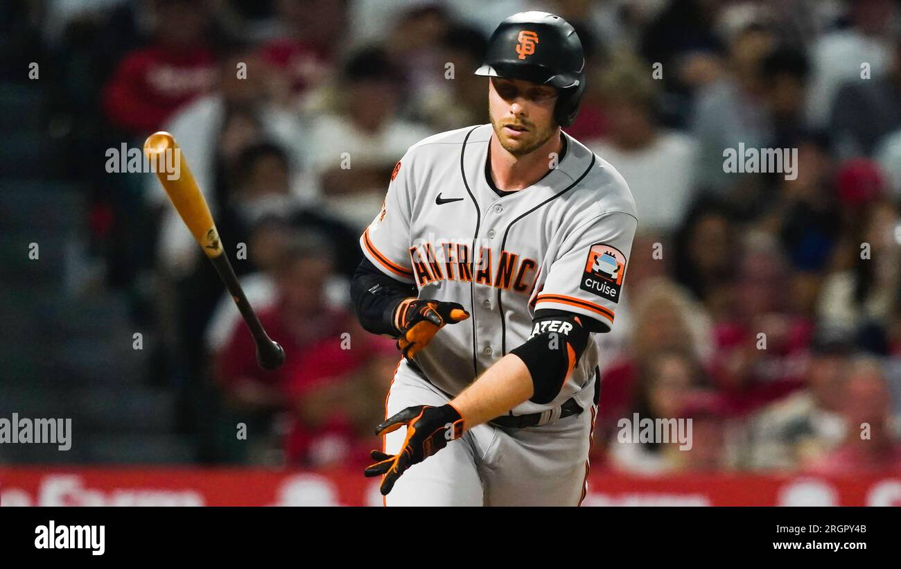 San Francisco Giants' Austin Slater tosses his bat after drawing a walk ...