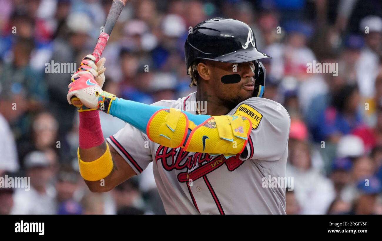 Atlanta Braves' Ronald Acuna Jr., waits for a ball to hit during the ...