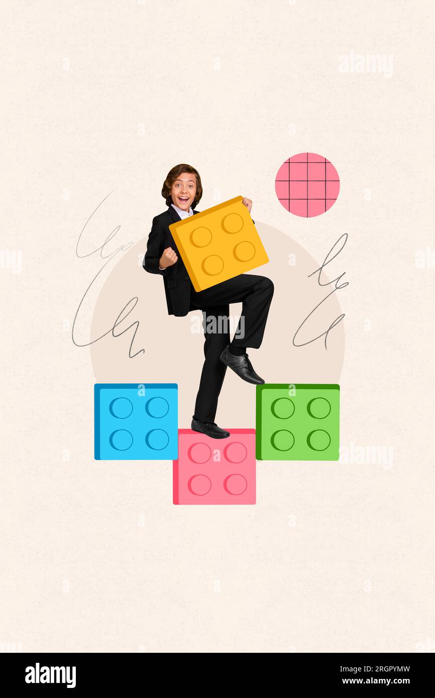 Creative drawing collage picture of excited funny schoolboy hold lego ...