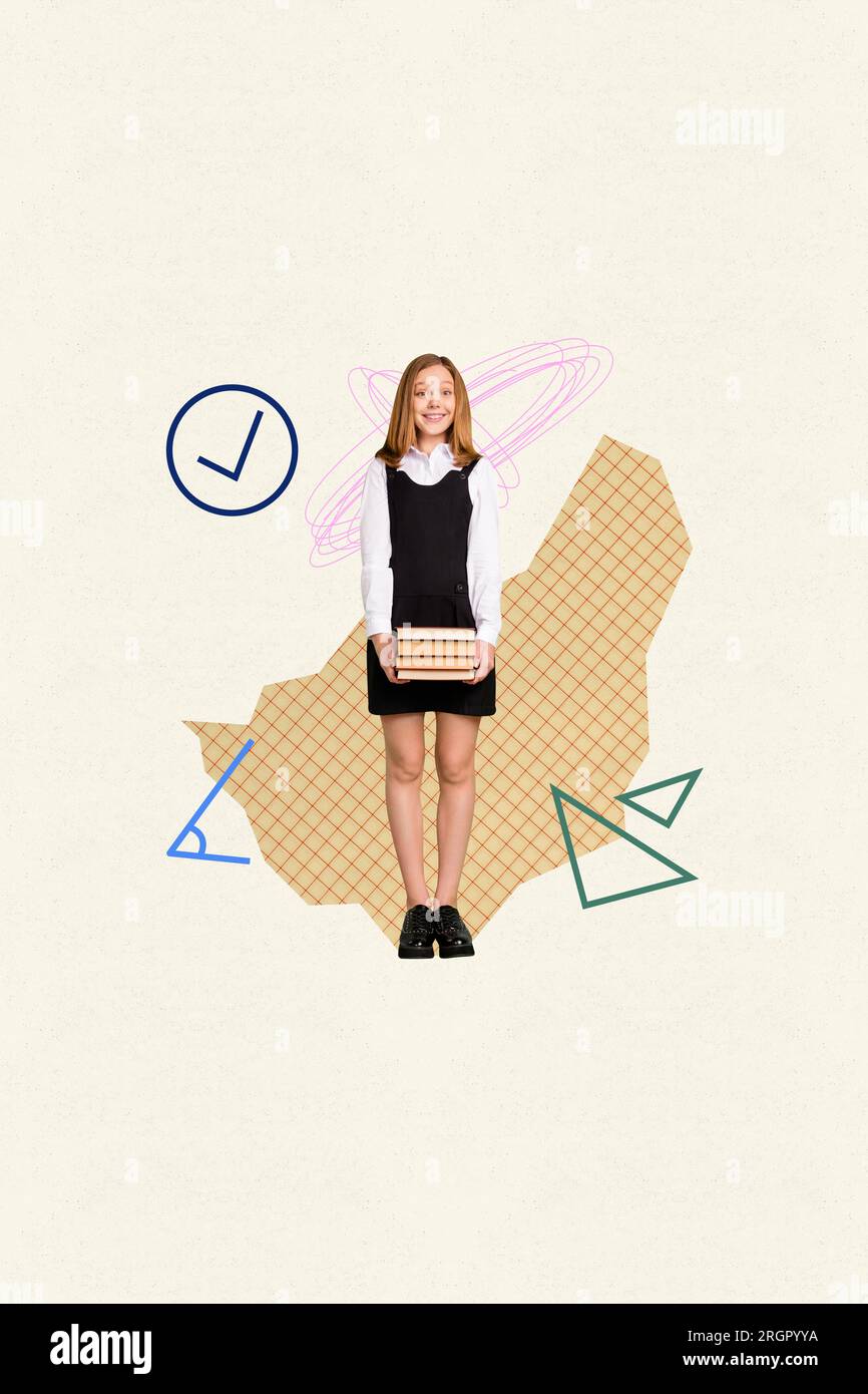 Creative poster collage of funny excited little girl schoolgirl hold ...